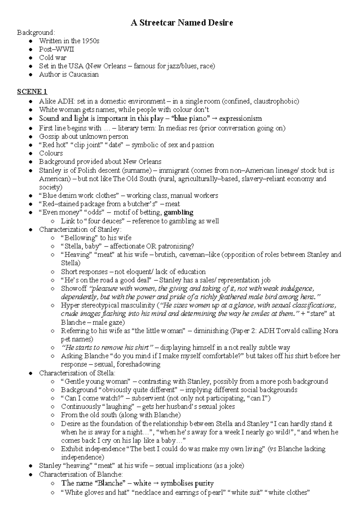 IB English A Literature HL Final Exam Notes: A Streetcar Named Desire ...