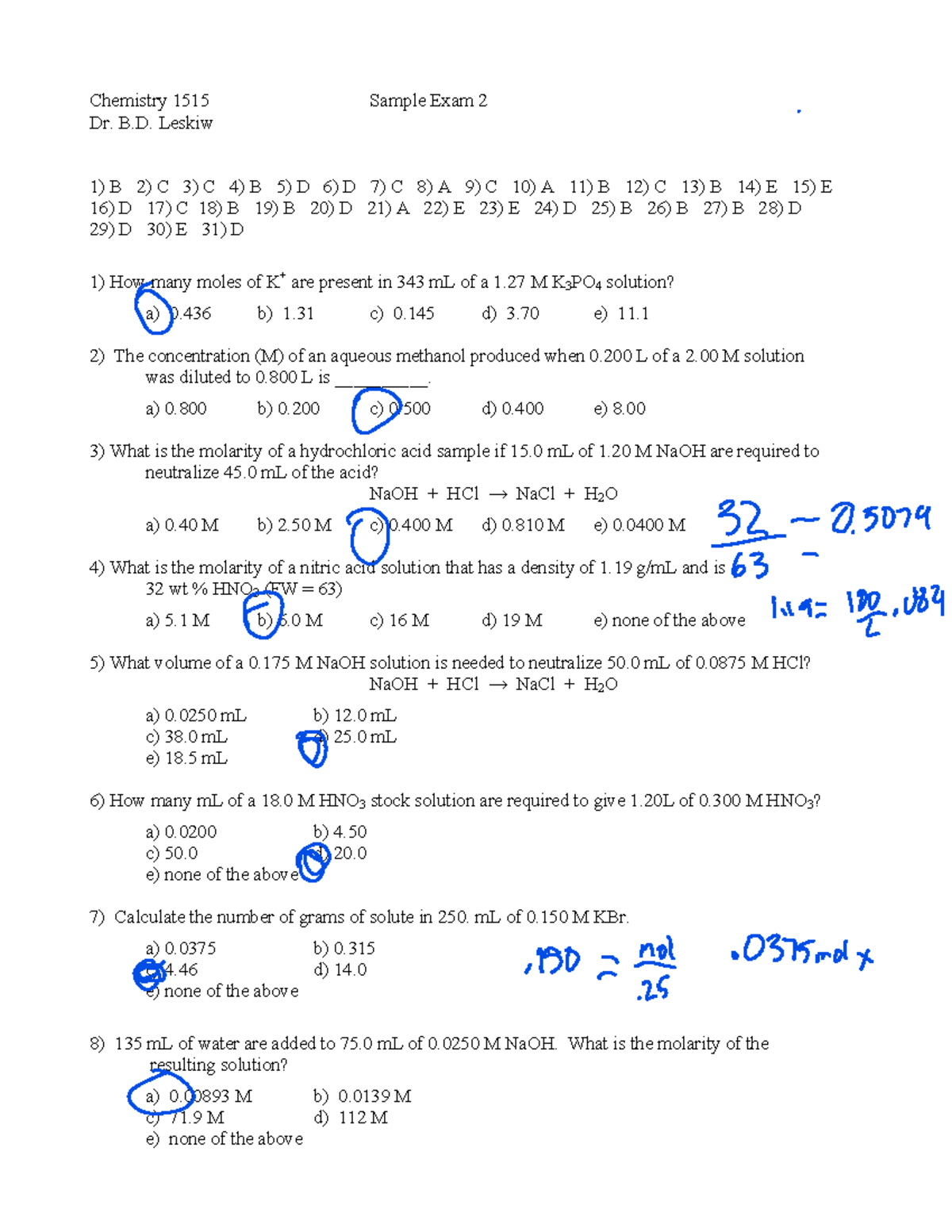 Chemistry 1515 Dr. B.D. Leskiw Sample Exam 2 Practice Questions - Studocu
