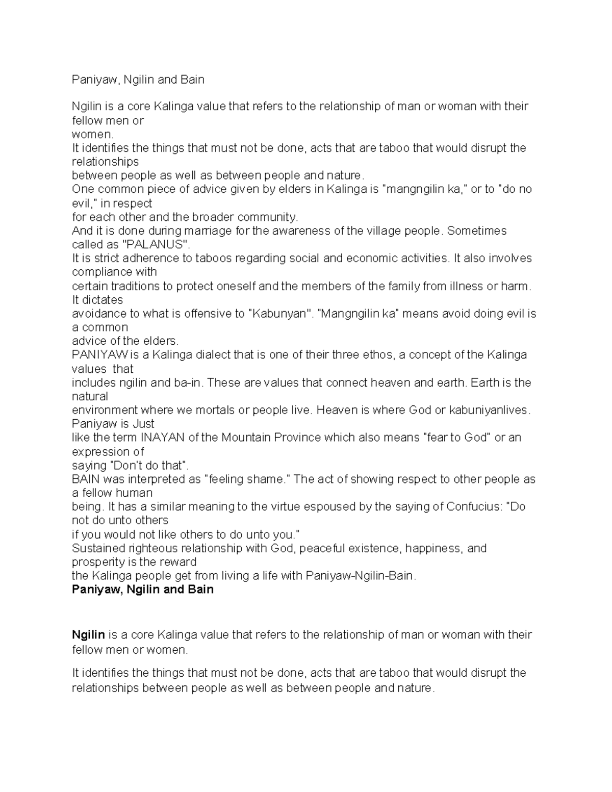KLG 101: Paniyaw, Ngilin & Bain - Core Kalinga Values Explained - Studocu