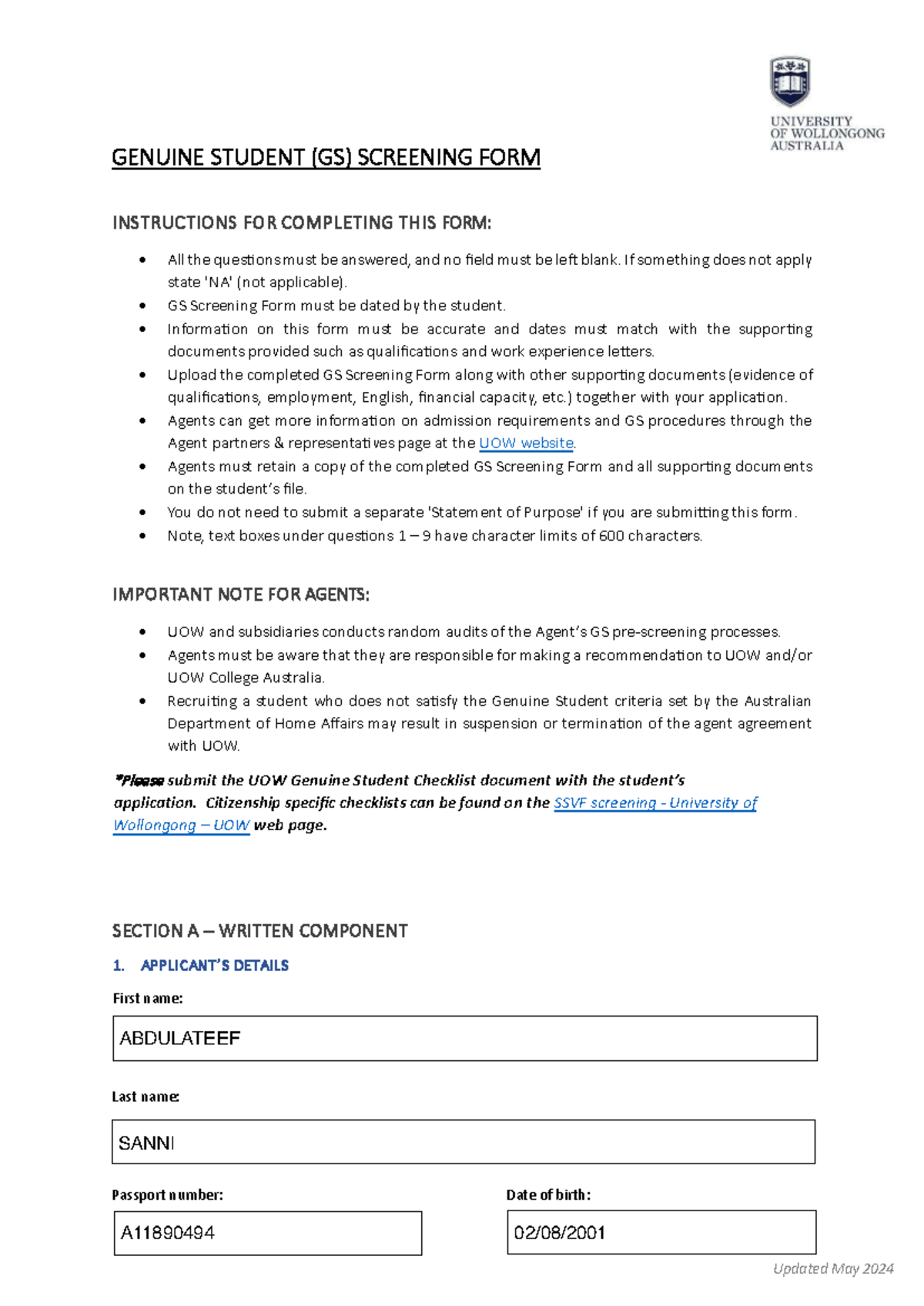 Uow221308 - Genuine Student Screening Form and Instructions - Studocu