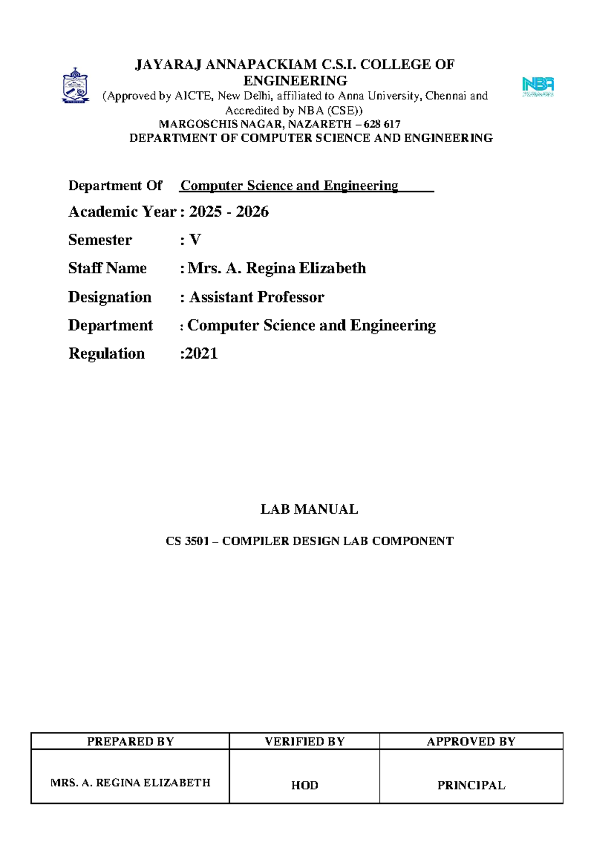 CS3501 - Compiler Design Lab Manual for Academic Year 2025-2026 - Studocu