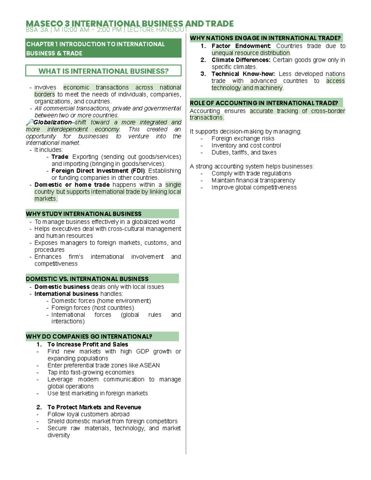 MASECO 3 International Business & Trade Lecture Handout: Ch. 1 Overview ...