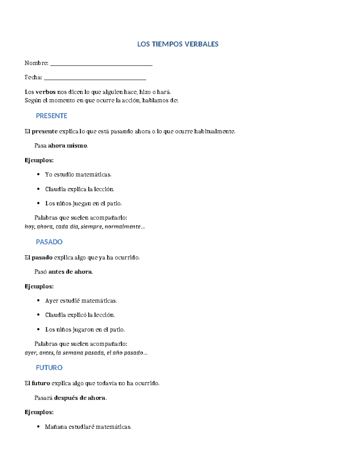 Ficha de Tiempos Verbales 4 Primaria: Presente, Pasado y Futuro - Studocu