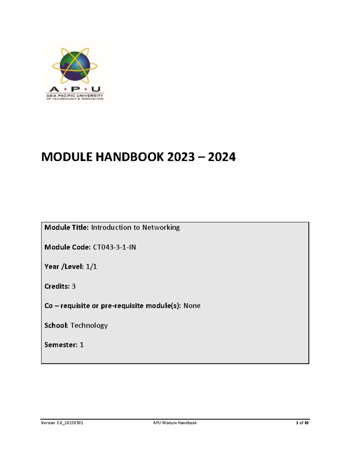 APU Module Handbook 2023-2024: Intro to Networking (3 Credits) - Studocu