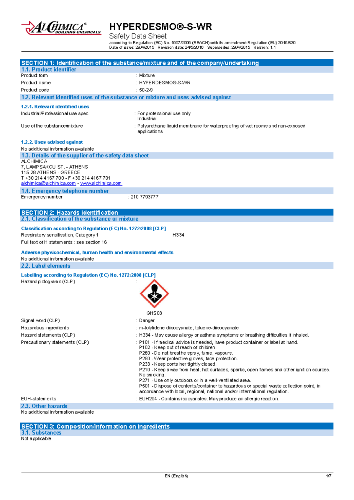 Hyperdesmo®-S-WR Safety Data Sheet (SDS) - REACH Regulation Compliance ...