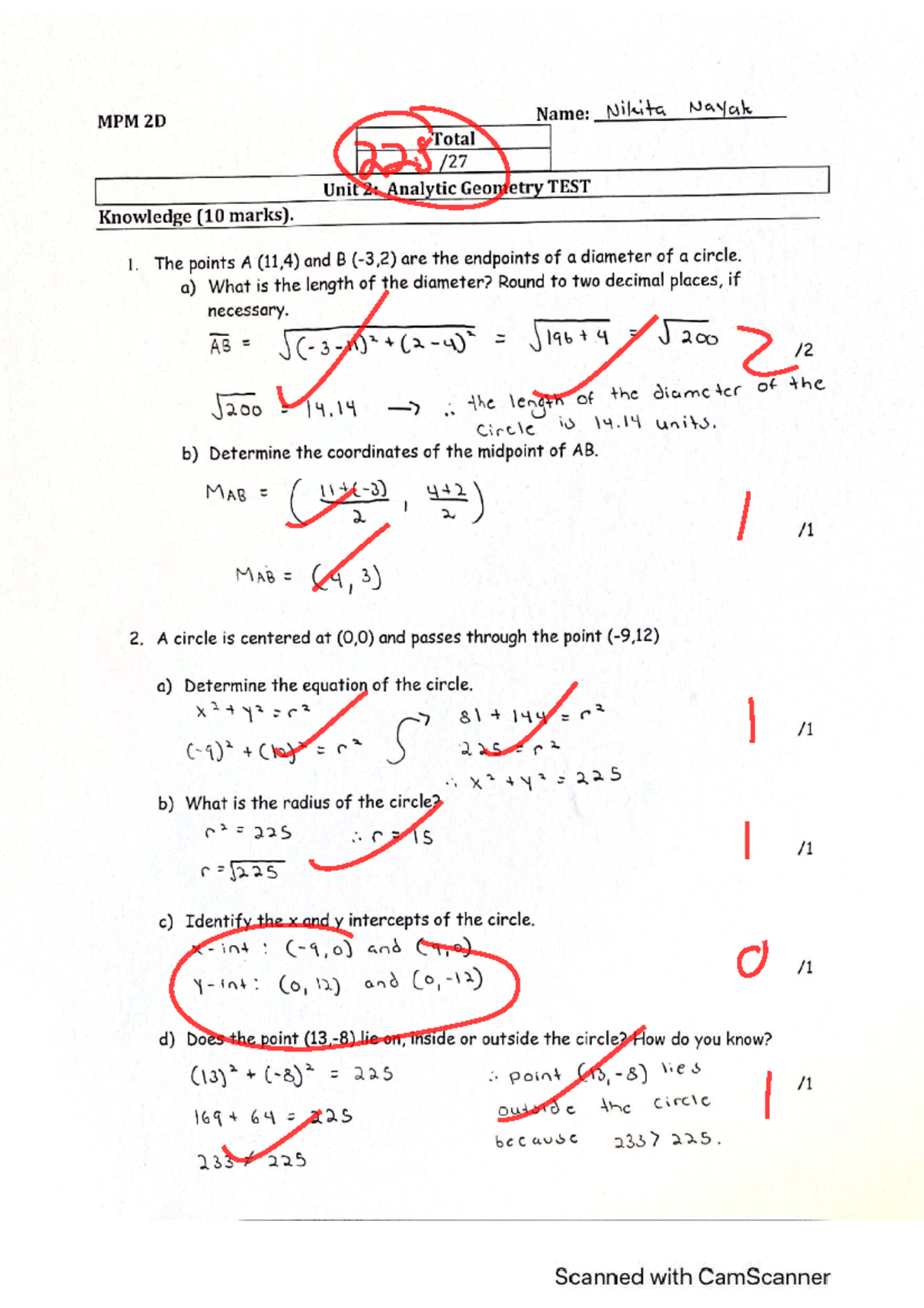 MPM 2D Unit 2: Analytic Geometry Test (10 Marks) - Studocu