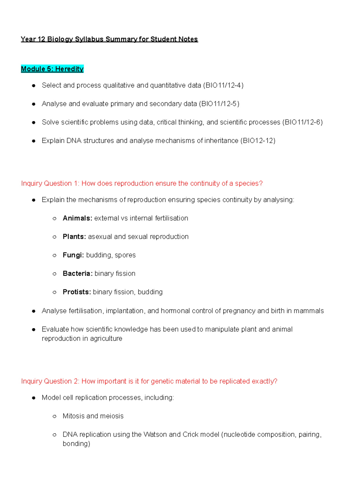 Year 12 Biology Syllabus Summary: Heredity & Genetic Change - Studocu