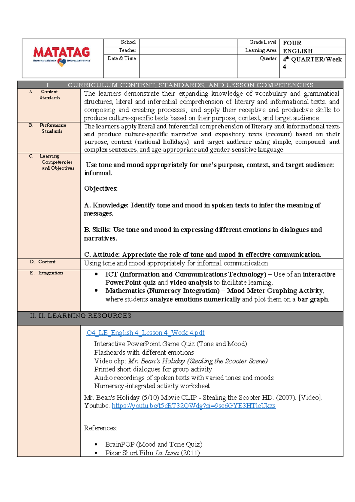 Q4 English 4 Lesson Plan: Exploring Tone and Mood in Texts - Studocu