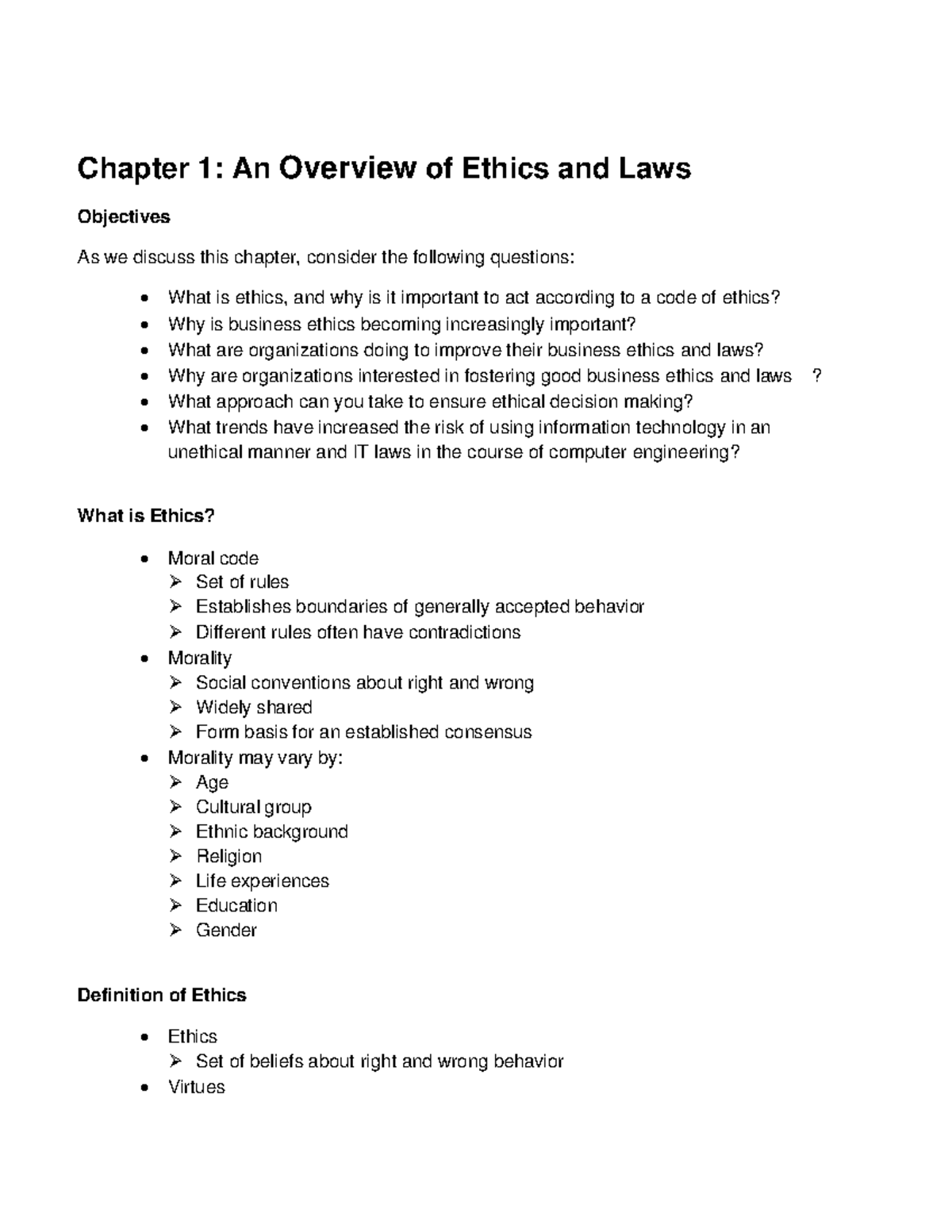 CPE 101 CH 1: Overview of Ethics and Laws in Business Practices - Studocu