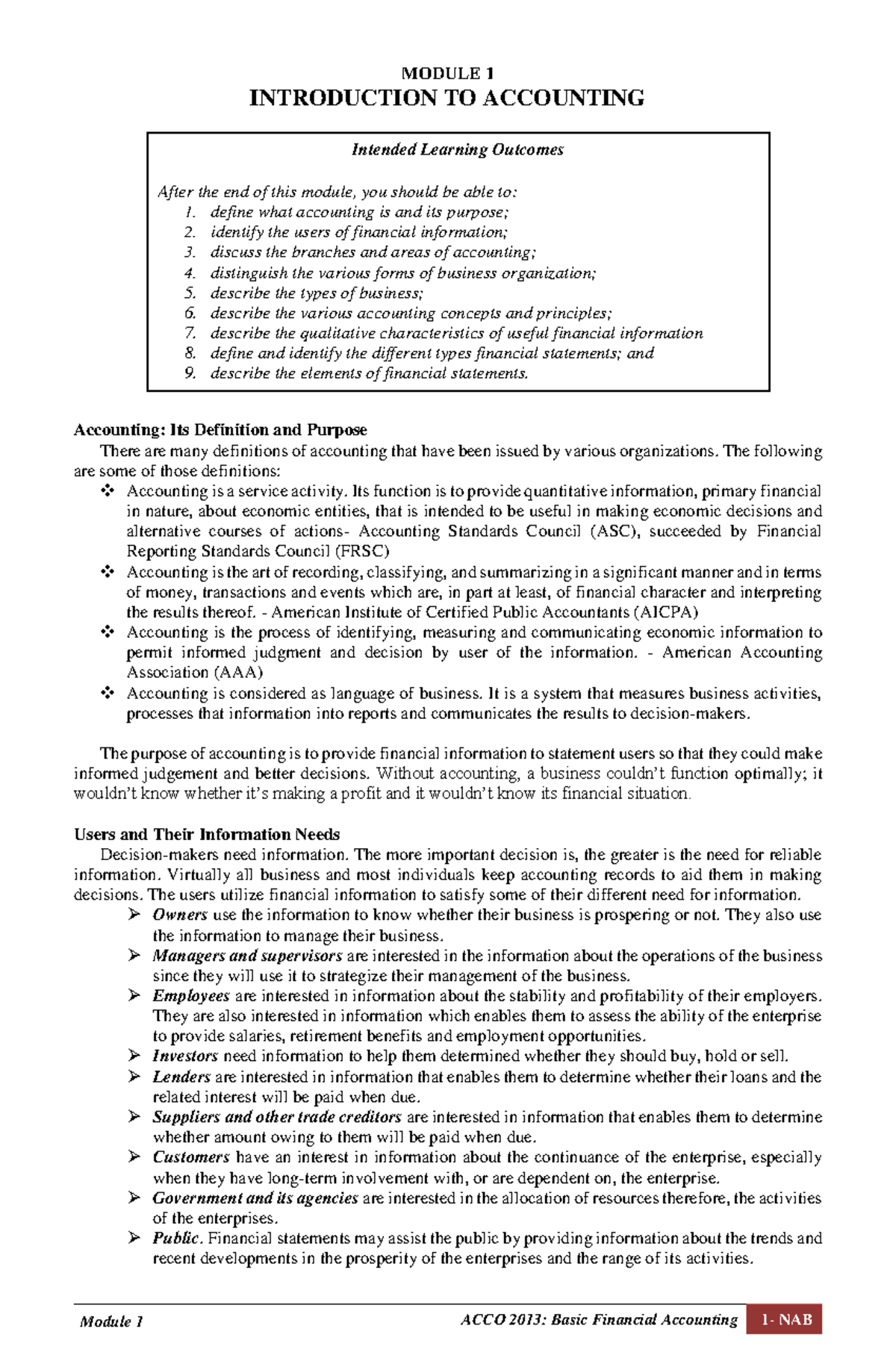 Module 1 ACCO 2013: Intro to Accounting Concepts and Users - Studocu