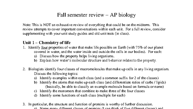 Fall Semester Review: AP Biology Midterm Study Guide - Studocu