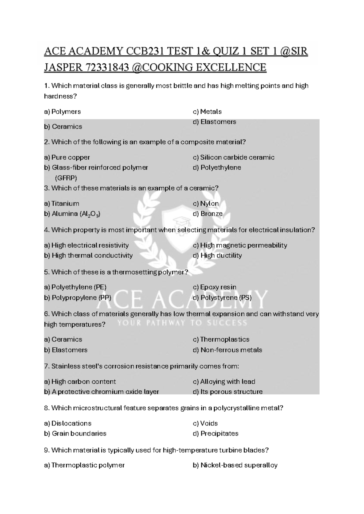 ACE ACADEMY CCB231 TEST 1 MATERIAL QUIZ QUESTIONS AND ANSWERS - Studocu