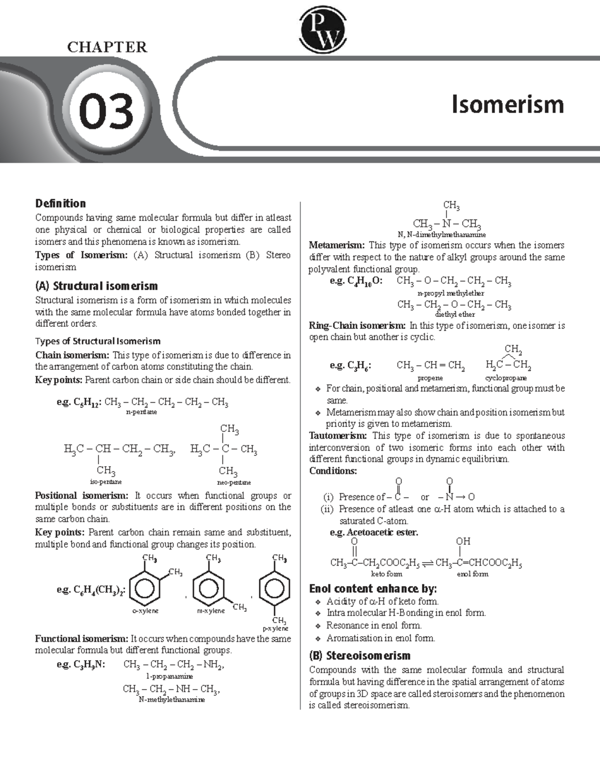 JEE (XI) PW CHAPTER 03 Isomerism: Definitions and Types - Studocu