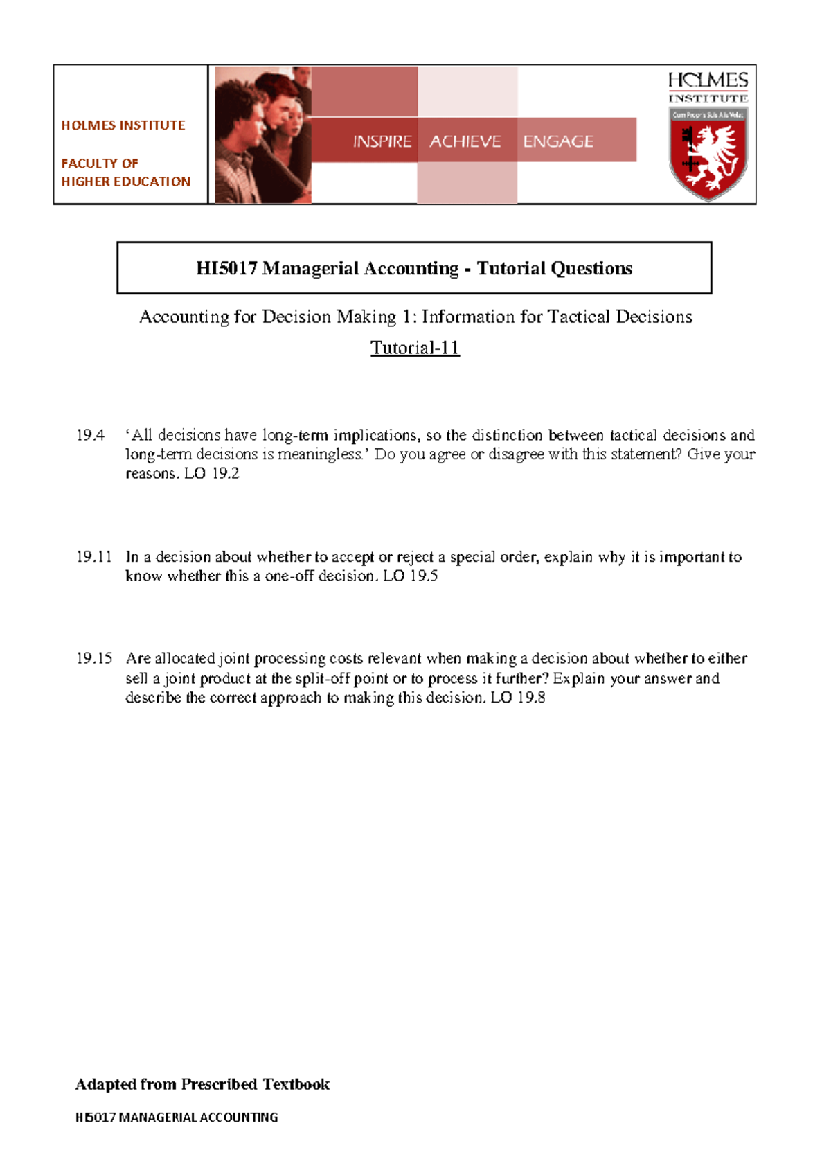 Tutorial 11 Questions - pracrtise - HOLMES INSTITUTE FACULTY OF HIGHER ...