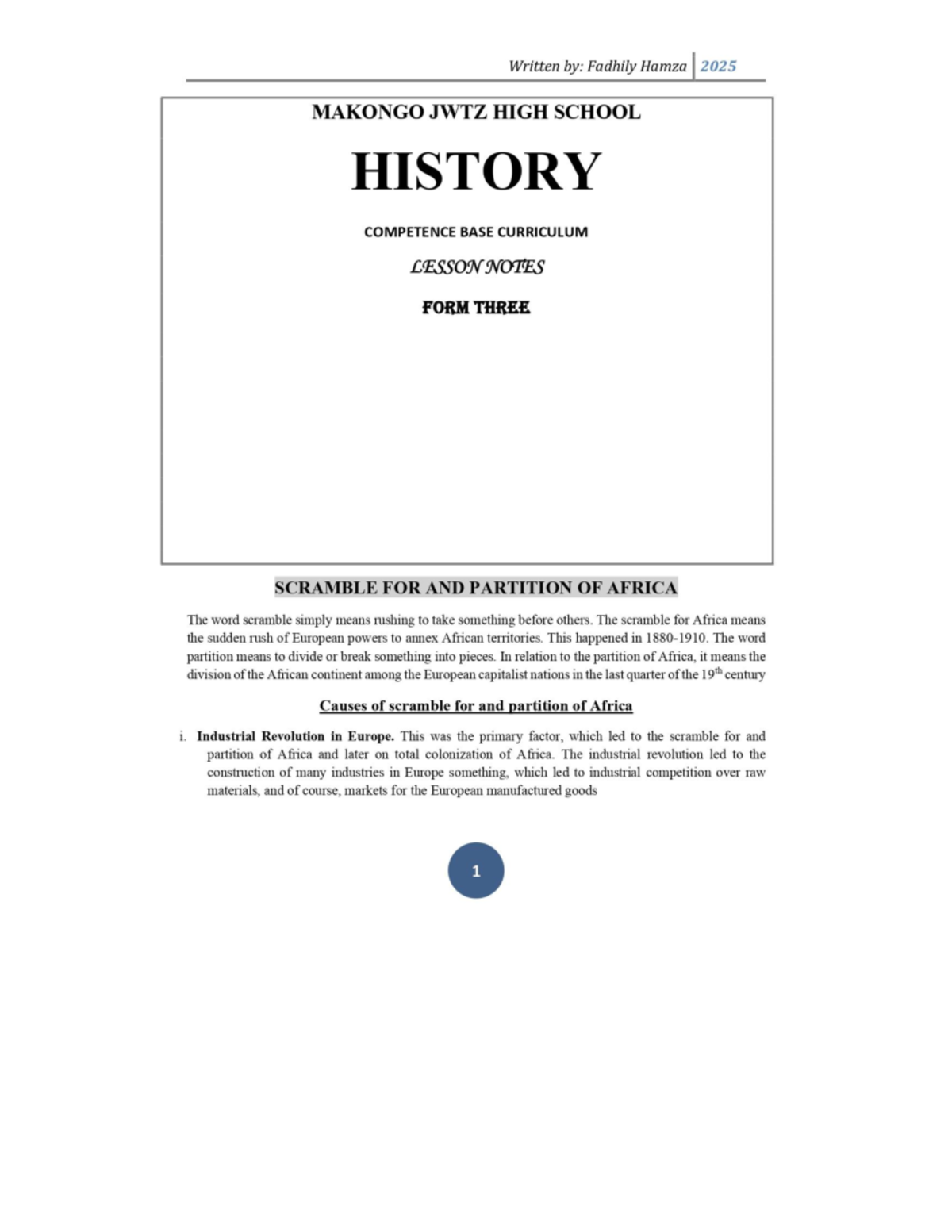 Form Three History Notes: Scramble for & Partition of Africa - Studocu