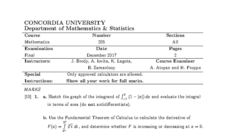 Mathematics 205 Final Exam - December 2017 - Studocu