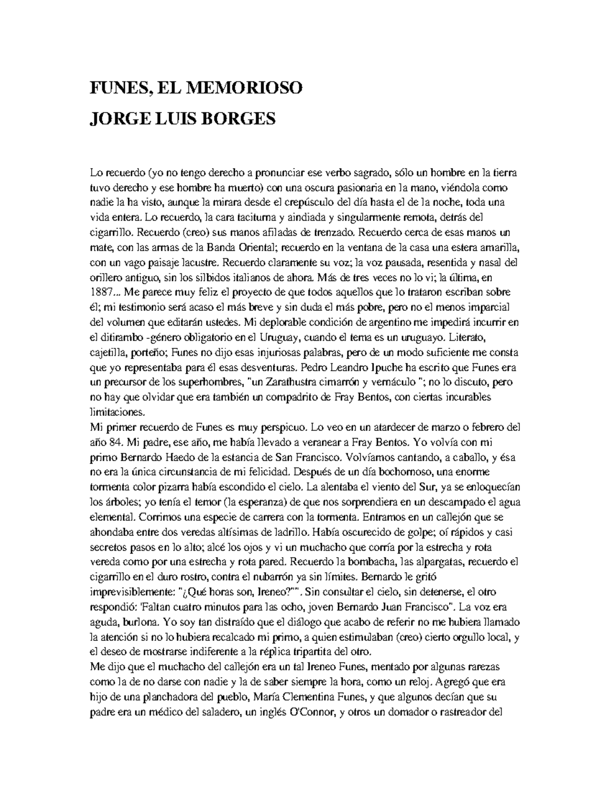 Funes El Memorioso: Análisis y Reflexiones sobre el Texto de Borges ...