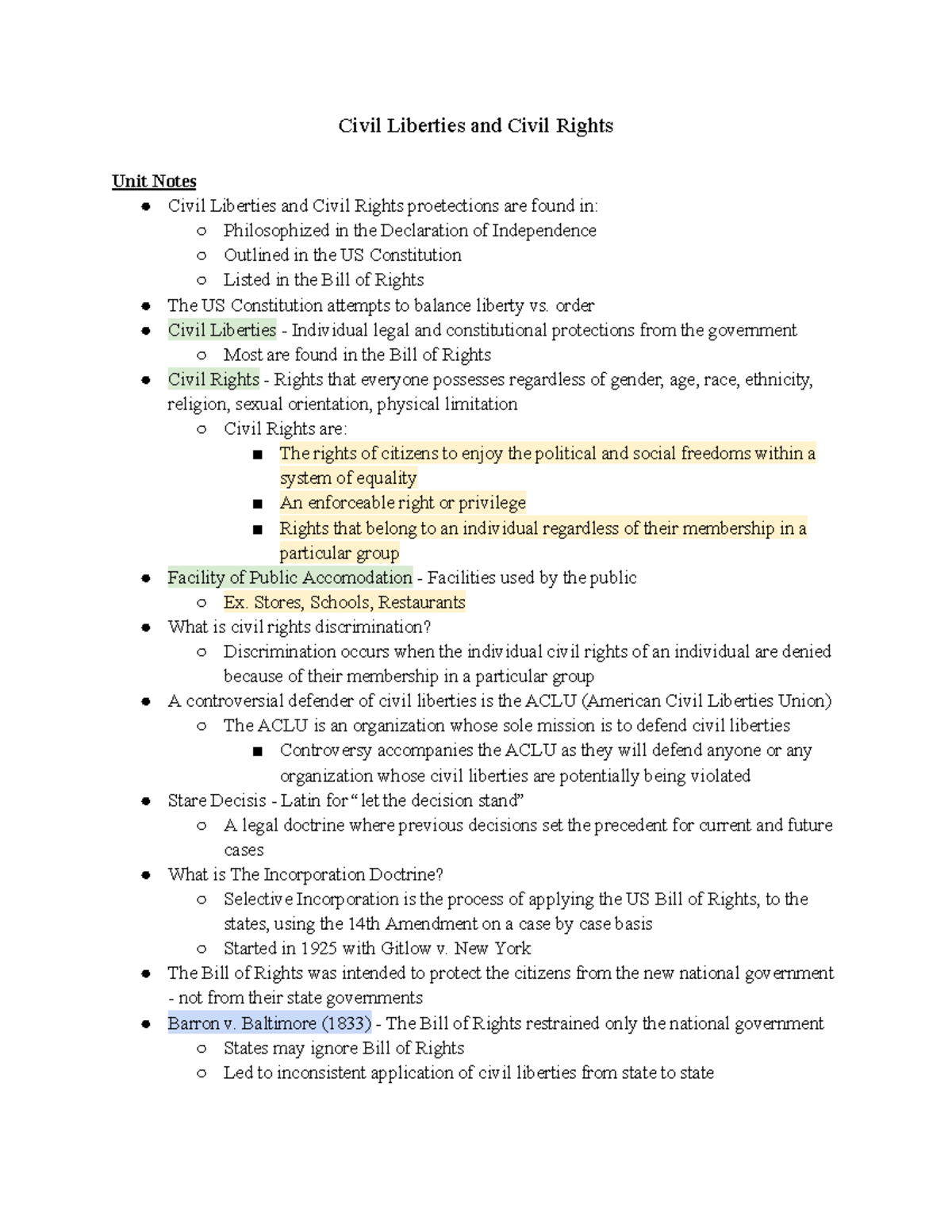 Civil Liberties & Civil Rights Unit Notes - AP Gov 101 Comprehensive ...