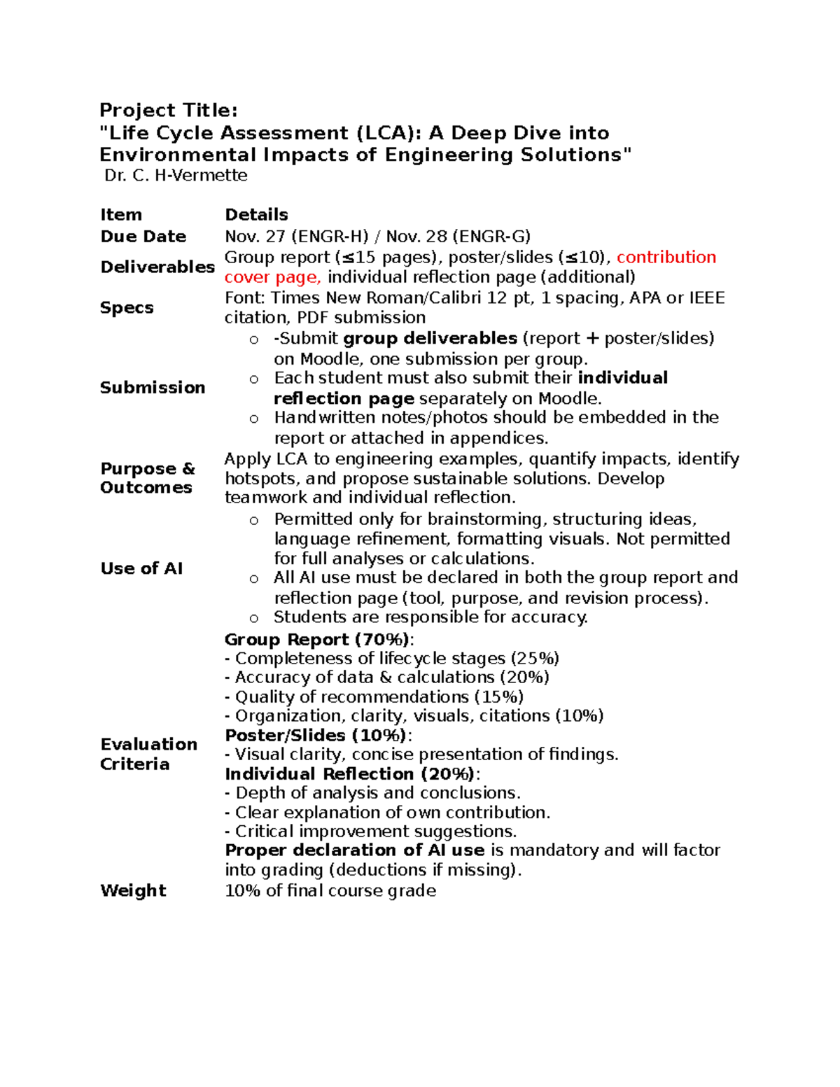 ENGR202-F2025-L: LCA Project Report on Environmental Impacts - Studocu