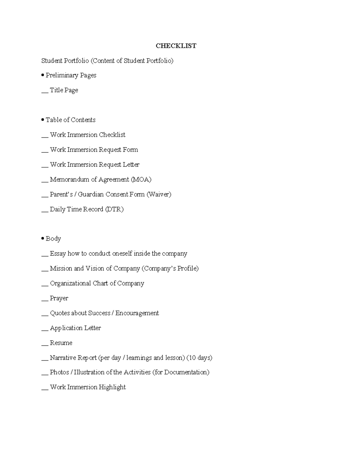 Checklist - CHECKLIST Student Portfolio (Content of Student Portfolio ...