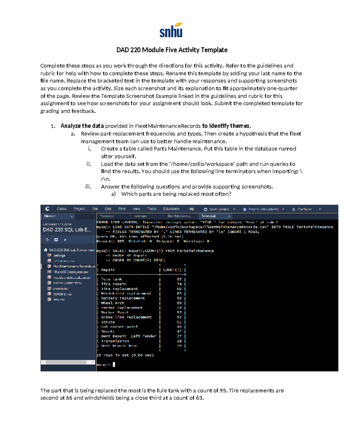 DAD 220 Module 5 Activity: Analyzing Fleet Maintenance Data - Studocu