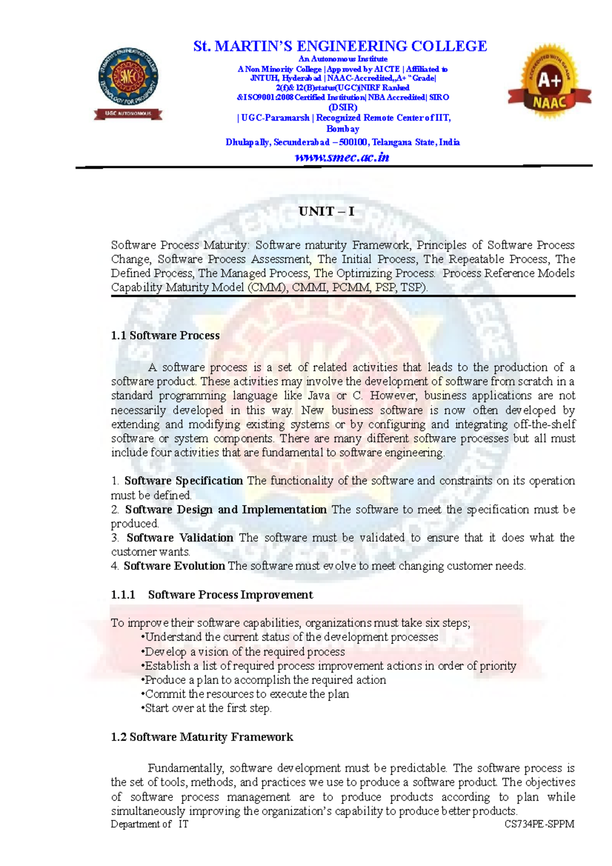 JNTUH SPPM Unit I Notes: Software Process Maturity Framework - Studocu