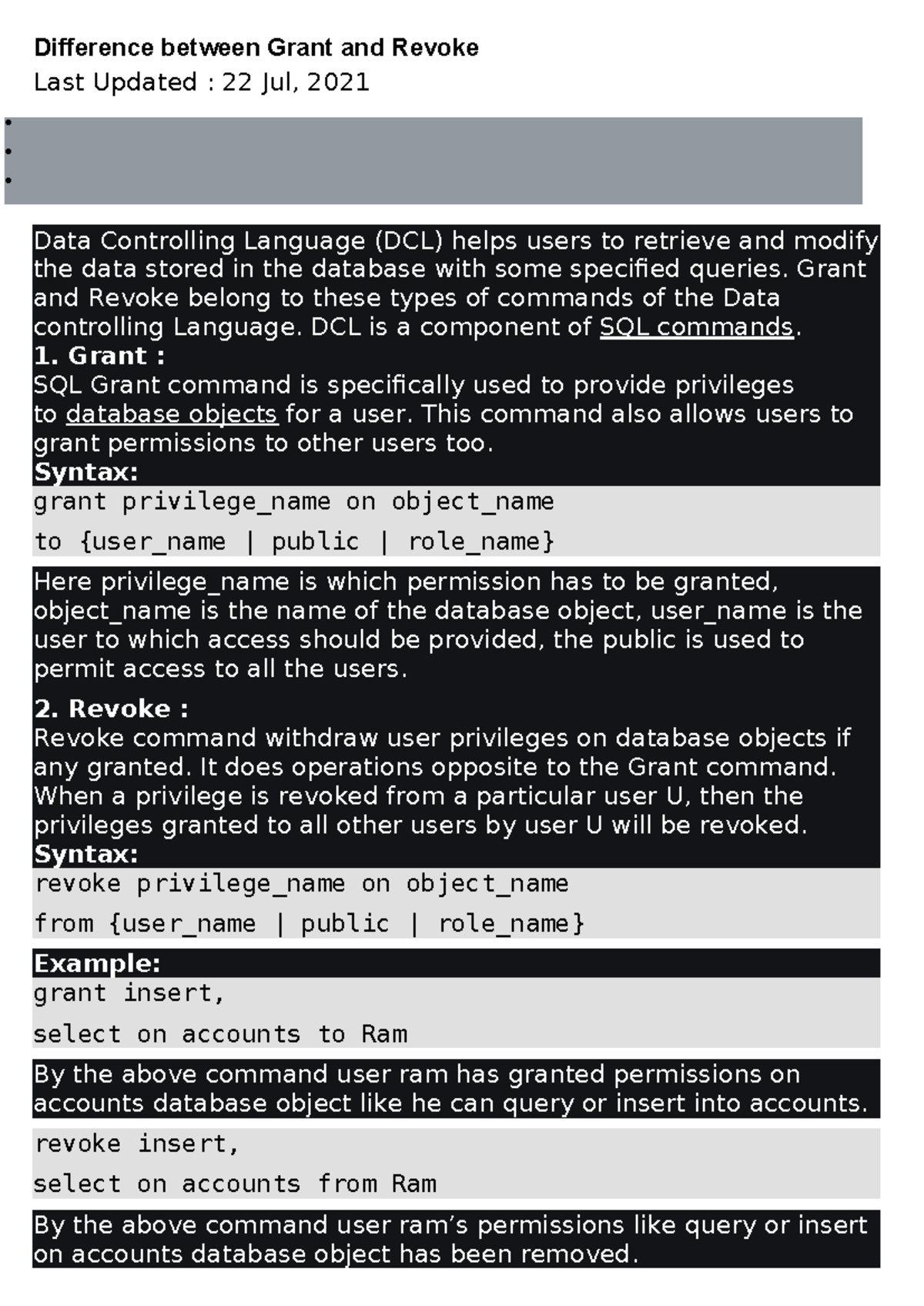 Difference between Grant and Revoke in DCL (SQL) - Studocu