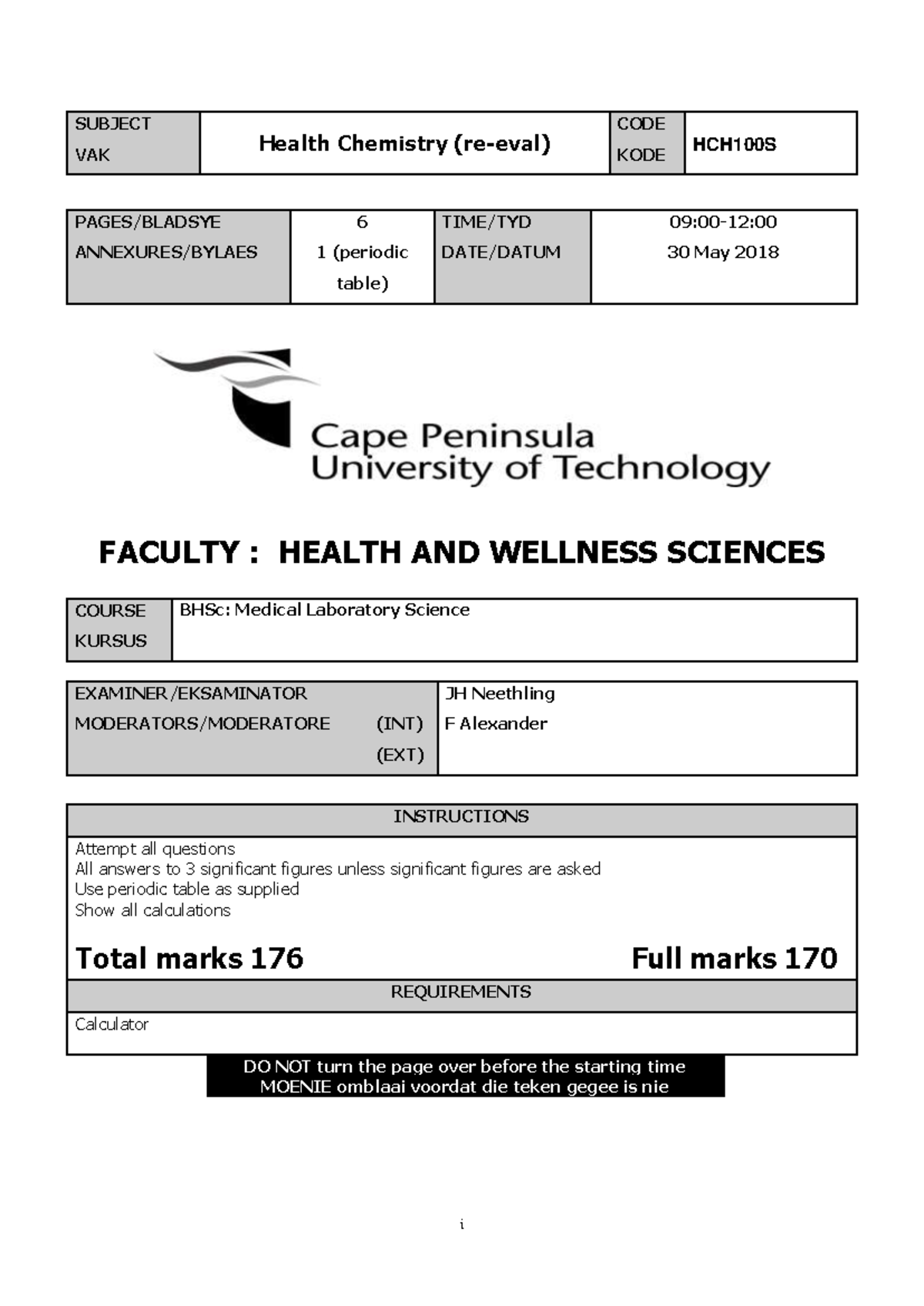 Health Chemistry HCH100S Final Exam Past Paper Practice 2018 - Studocu