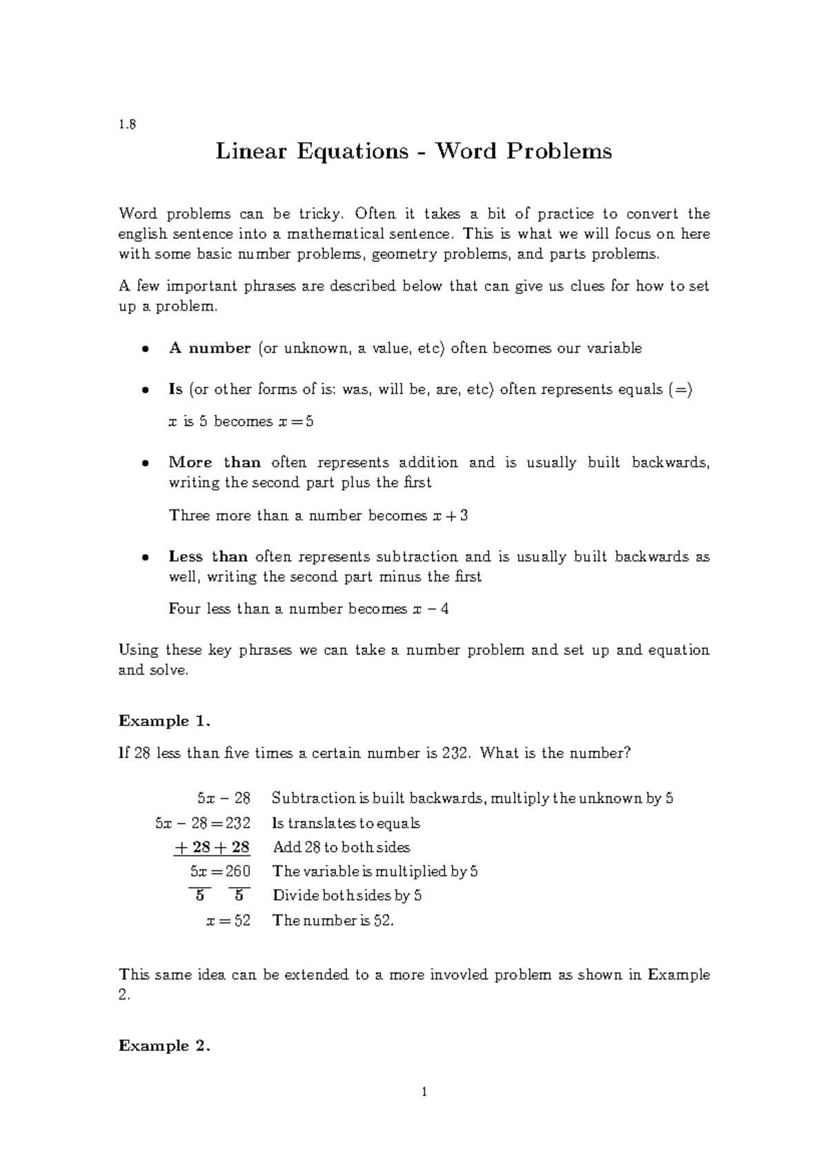 1.8 Linear Equations in Word Problems - Essential Practice Material ...