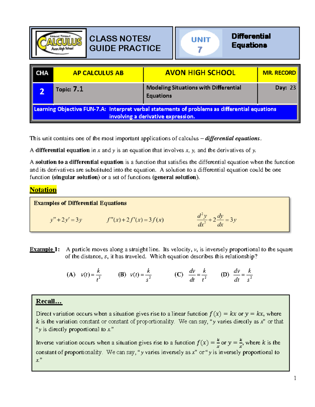AP Calculus AB Unit 7 Guided Practice Lecture Notes PDF-1 - Studocu