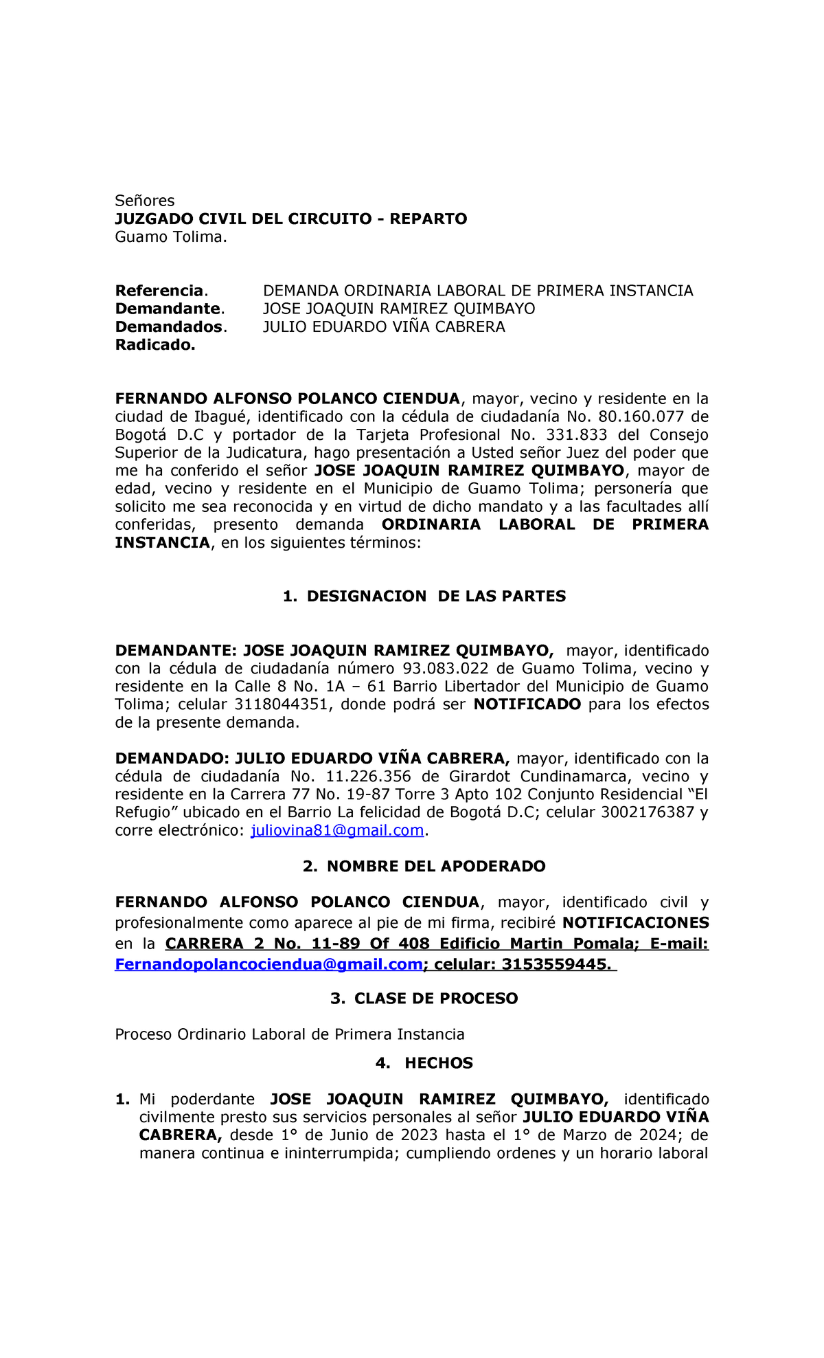 Demanda Ordinaria Laboral de Jose Joaquin Ramirez Quimbayo vs. Julio ...
