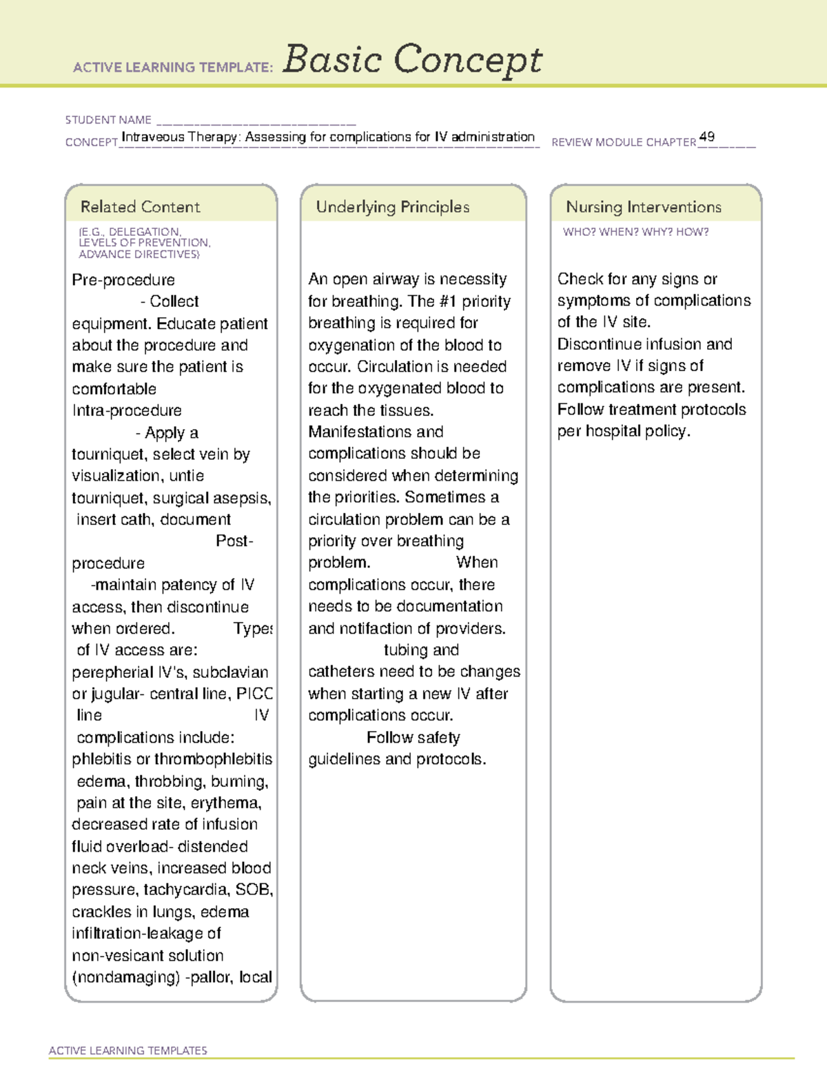 IV Complications Assessment - ACTIVE LEARNING TEMPLATE ATI B - Studocu