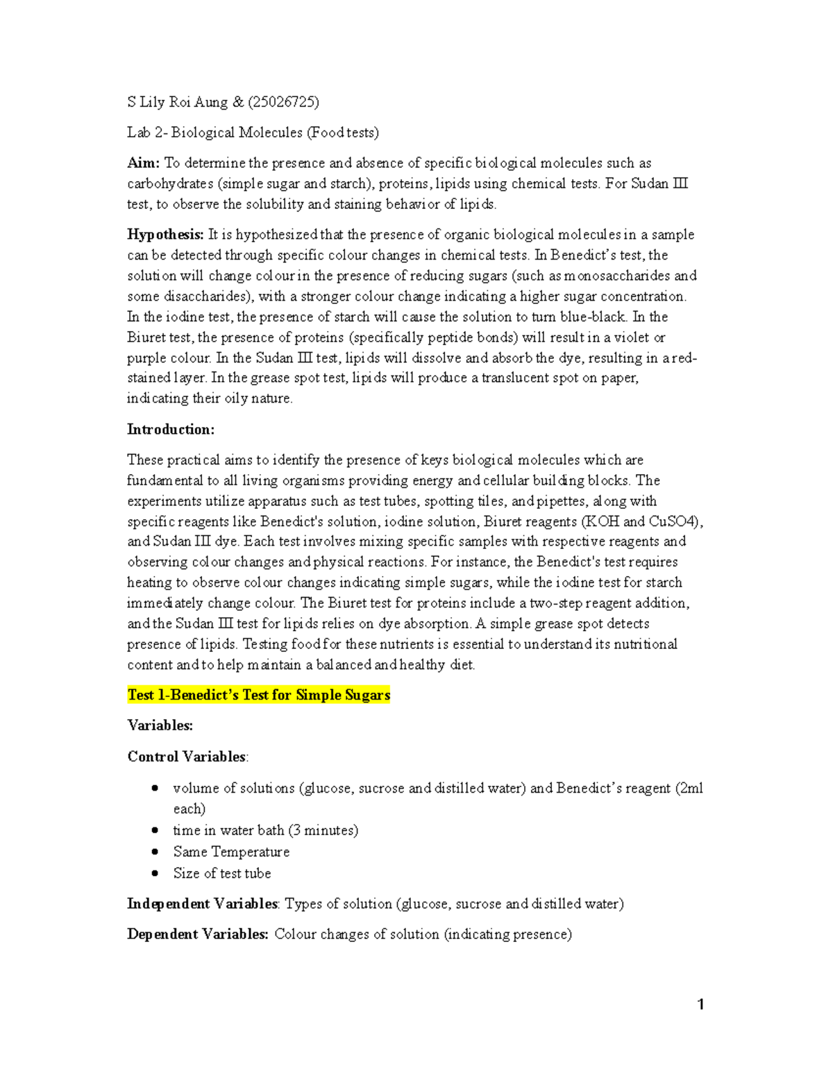 Food Test Lab 2 (25026725) - Biological Molecules Analysis Report - Studocu