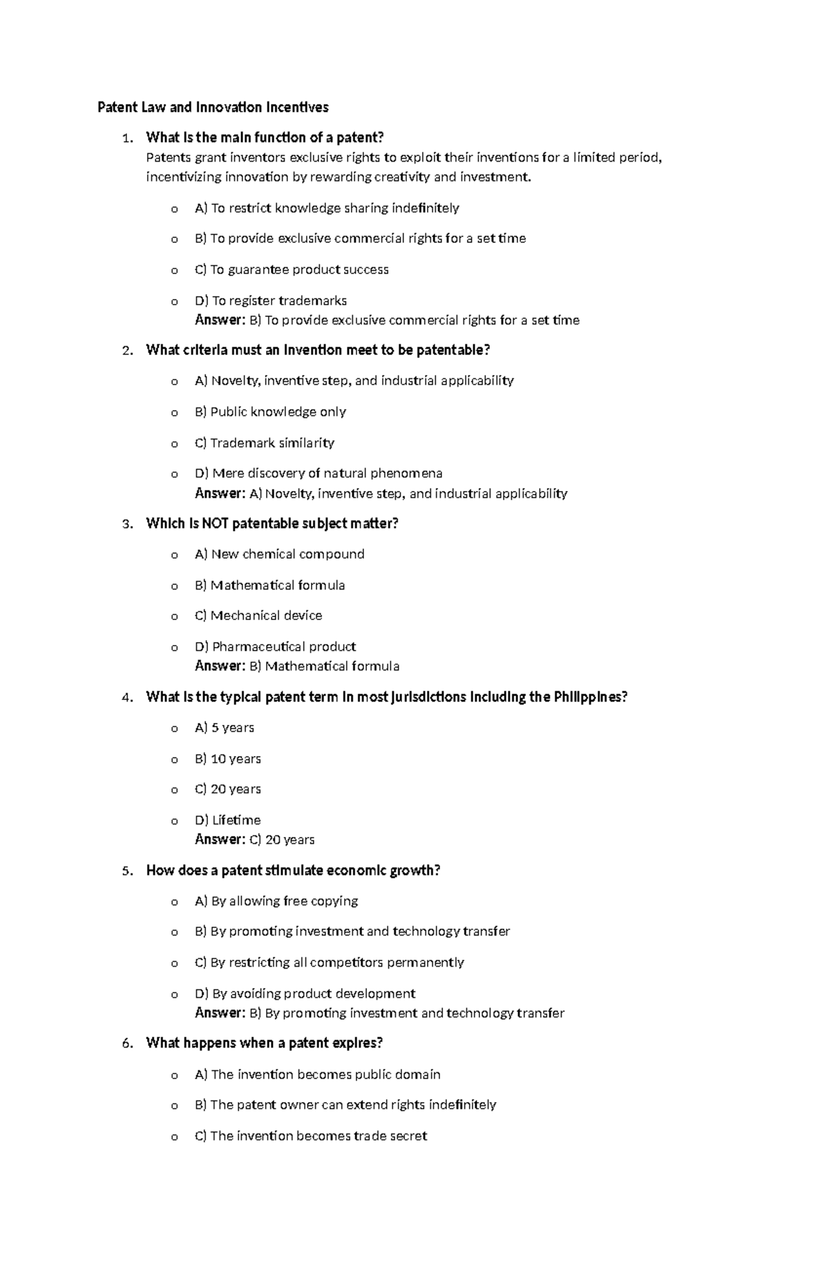 Patent Law and Innovation Incentives: Key Concepts and Exam Review ...