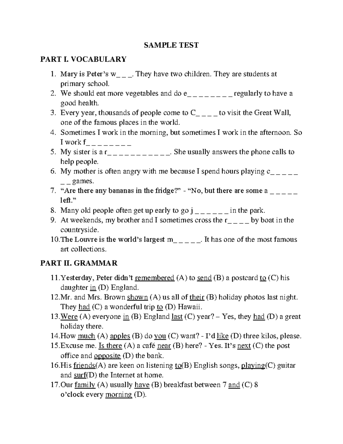 SAMPLE TEST PART I: VOCABULARY & GRAMMAR - Công nghệ thông tin - Studocu