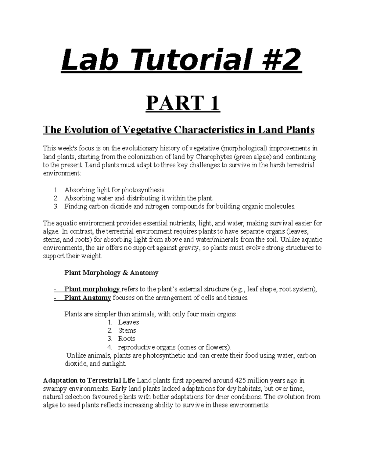 Lab Tutorial: The Evolution of Vegetative Characteristics in Land ...