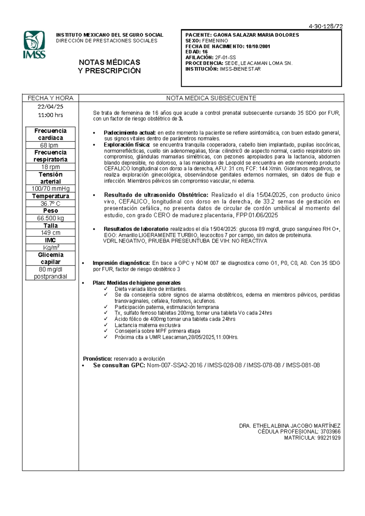 NOTA MÉDICA SUBSECUENTE EMBARAZADAS MARZO 2025 - IMSS - Studocu