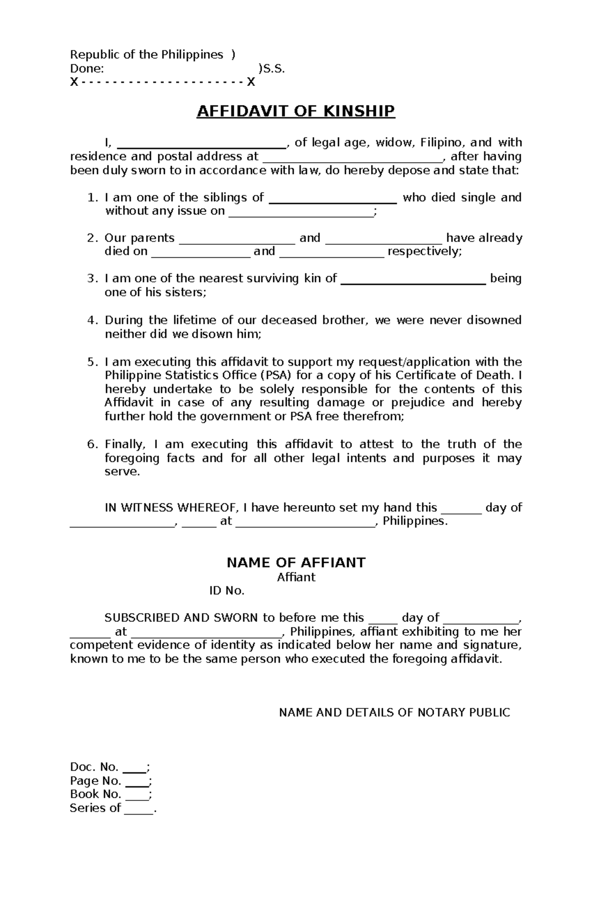 Affidavit of Kinship Sample - Legal Document Template - Studocu