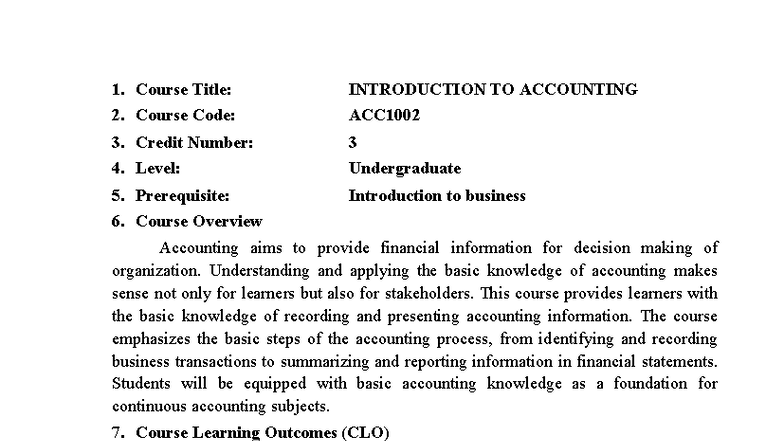 ENG ACC1002 Introduction to Accounting Course Overview and Content ...