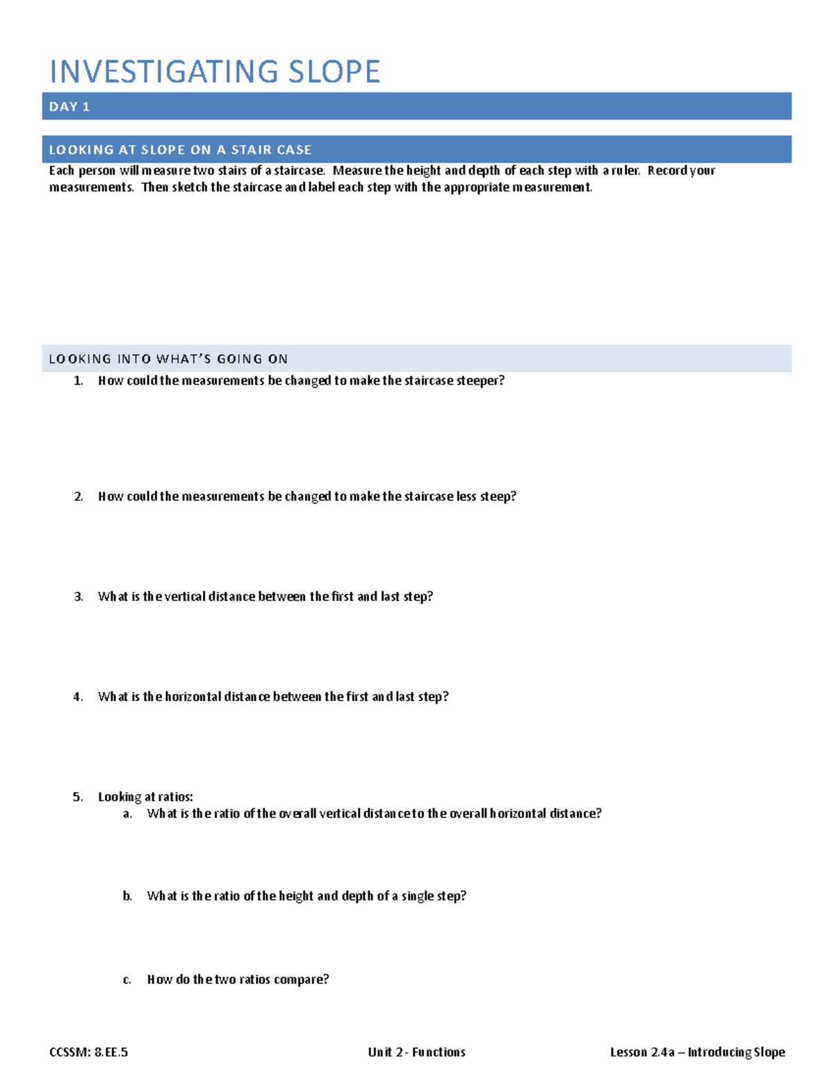 Day 7 - Lesson 2.4a - Introducing Slope - Notes - CCSSM: 8.EE Unit 2 ...