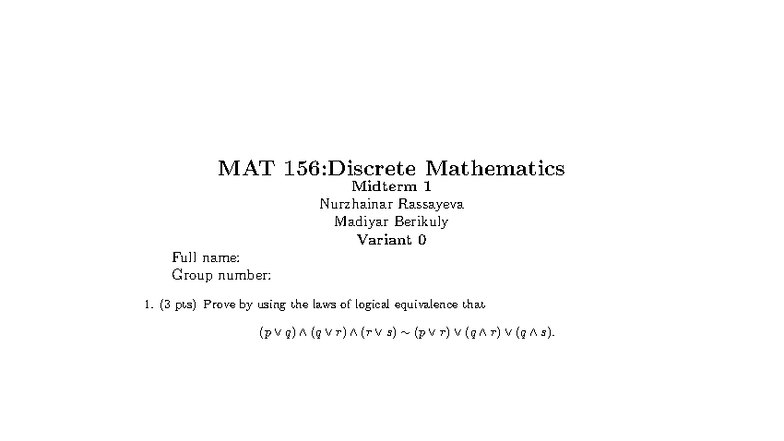 MAT 156: Discrete Mathematics Midterm 1 - Variant 0 Solutions - Studocu