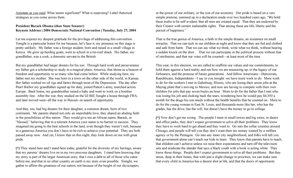 Obama 2004 DNC Keynote Address: Rhetorical Strategies & Significance ...