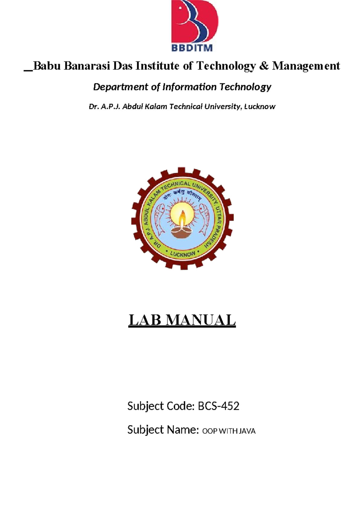 OOP WITH JAVA Lab Manual - BBDIT, Dr. A.P.J. Abdul Kalam Technical University - Studocu