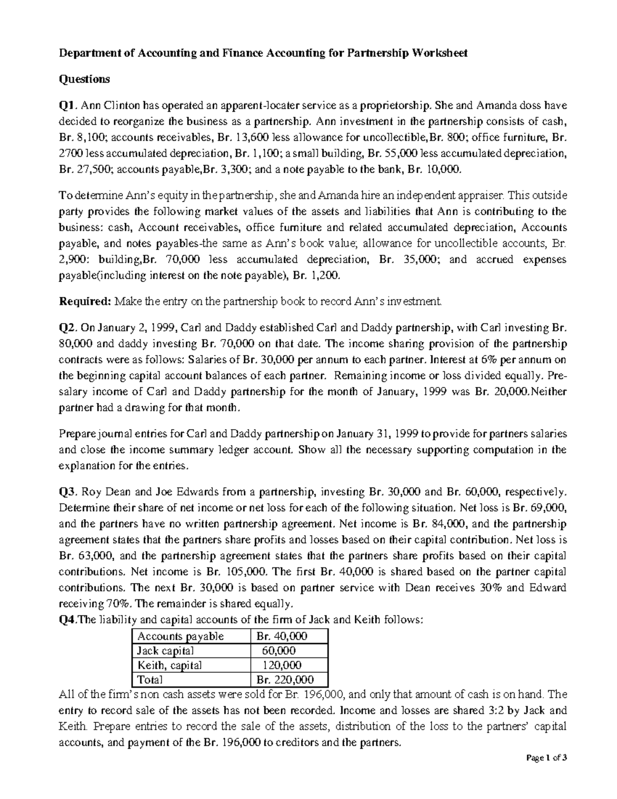 Partnership Accounting Worksheet: Key Questions and Solutions - Studocu