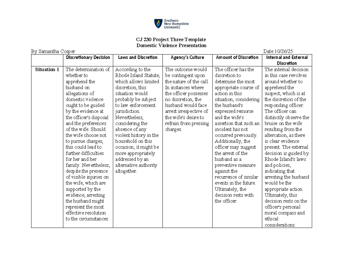 CJ 230 Project Three: Domestic Violence Presentation on Discretionary ...