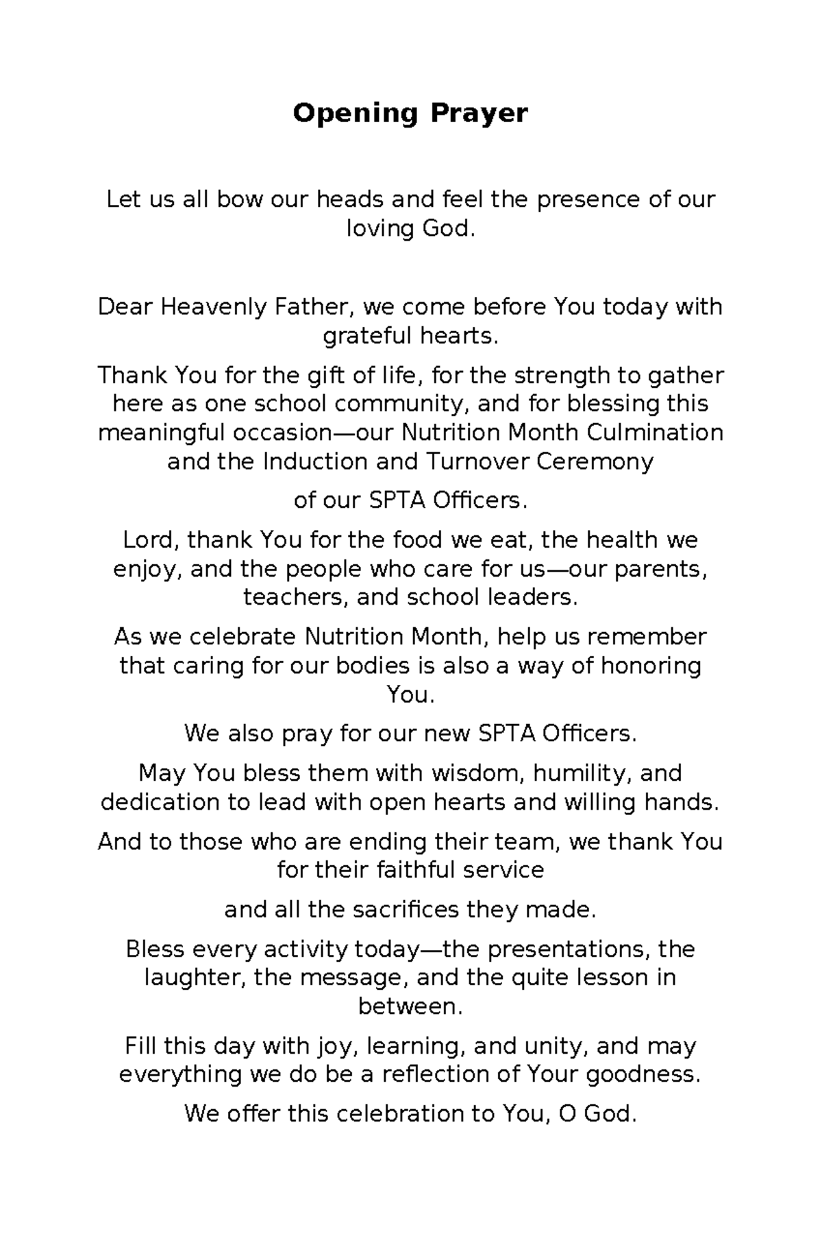 SPTA Officers Induction & Nutrition Month Prayer - Studocu