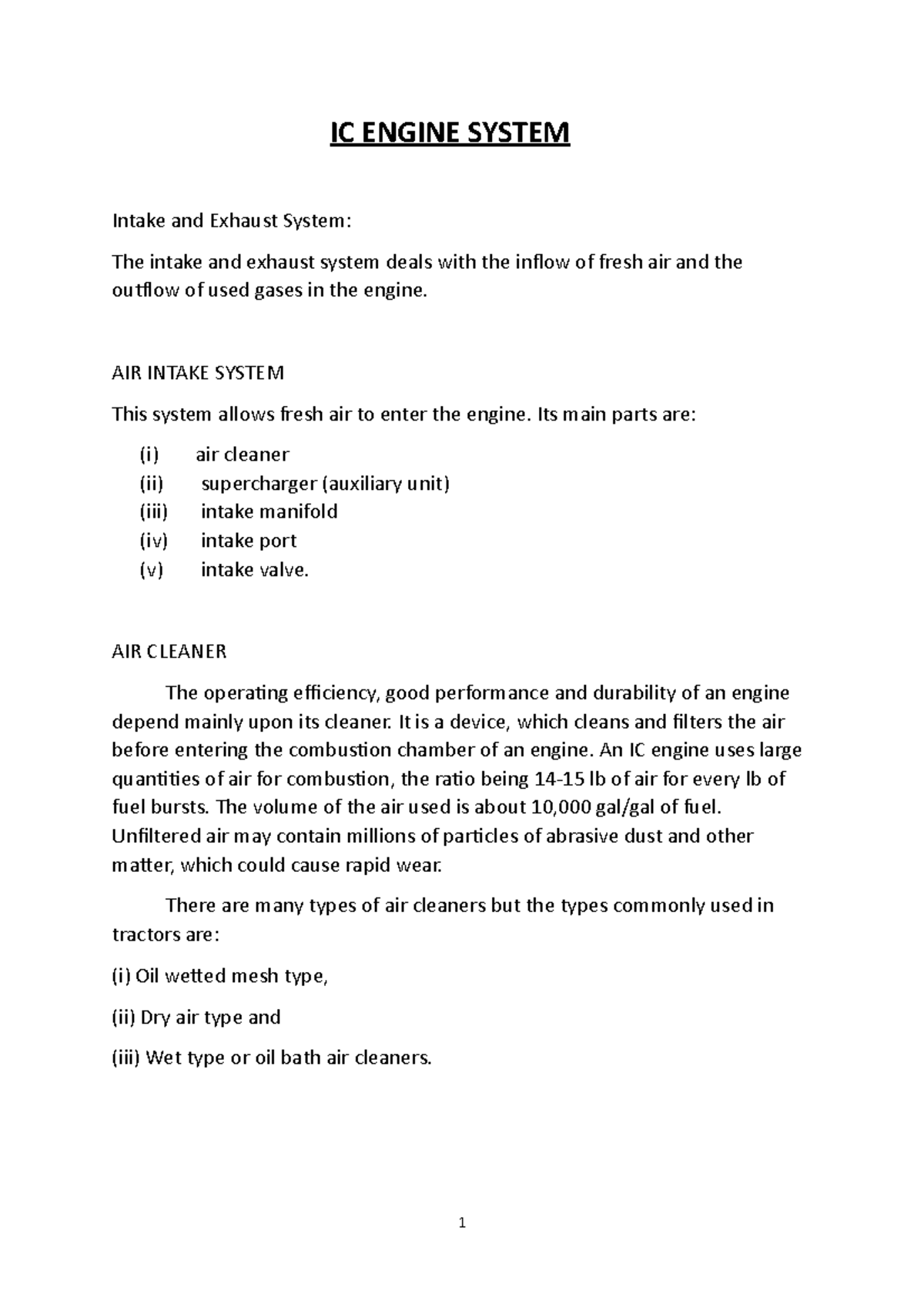 IC Engine System - Lecture Notes on Intake and Exhaust Topics - Studocu