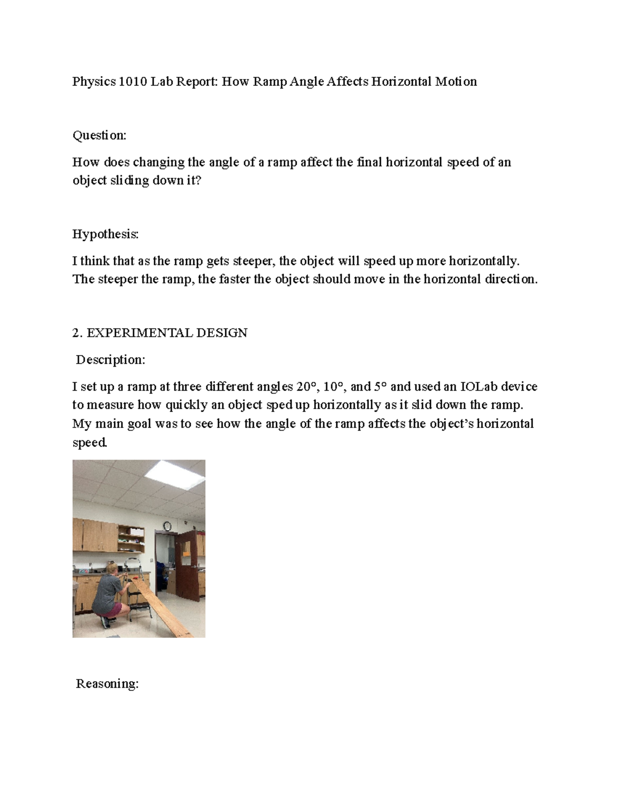 Physics 1010 Lab Report 4: Impact of Ramp Angle on Horizontal Speed ...