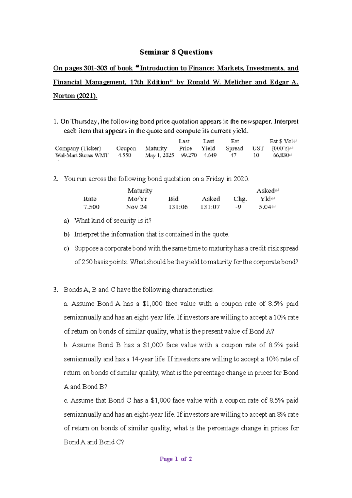 BUS149 Seminar 8: Bond Pricing and Yield Calculations - Studocu