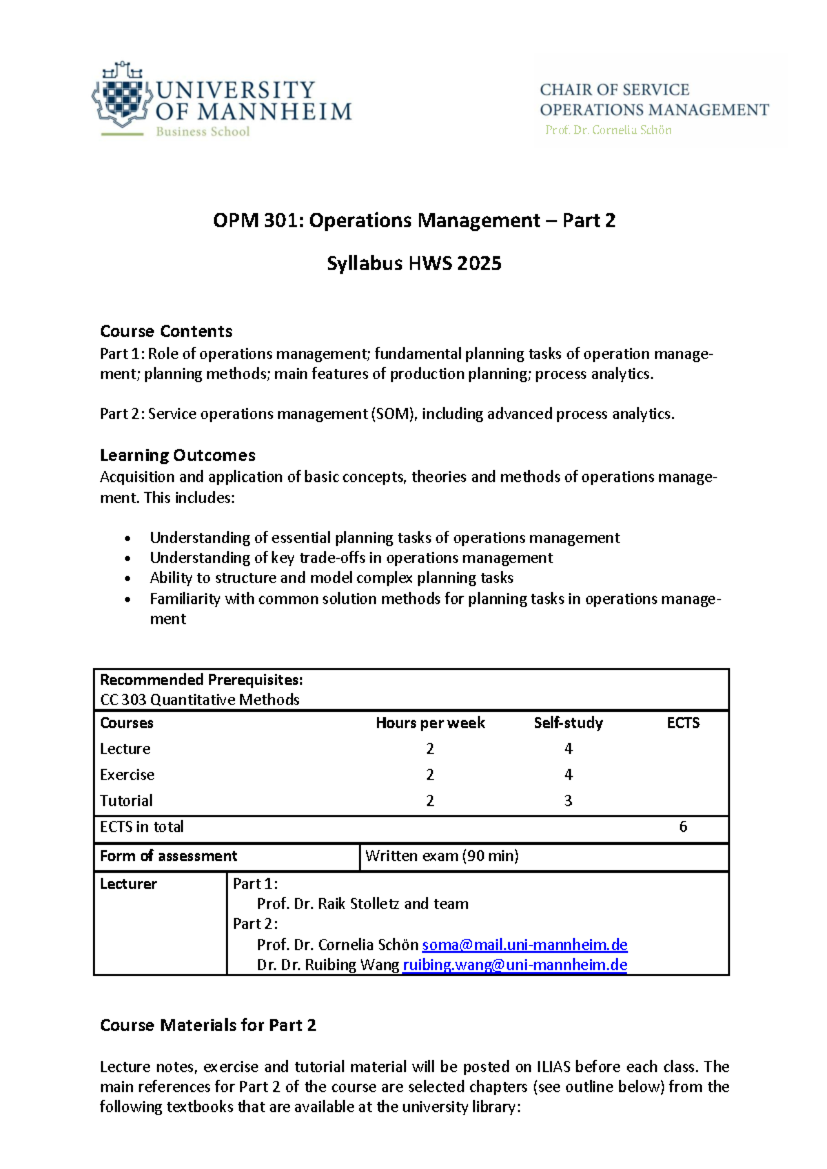 OPM 301: Operations Management Syllabus HWS 2025 - Part 2 - Studocu